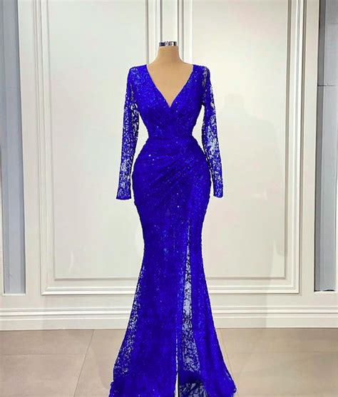 Royal Blue Evening Dresses Long Sleeve Lace Applique Mermaid Sparkly