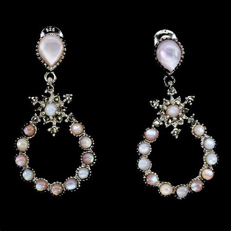 Genuine Pink Mother Of Pearl And Marcasite Sterling 925 Silver Dangle