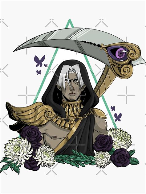 Thanatos With Border Flowers Hades Game Sticker By Elledubbzart