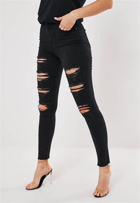 Missguided Denim Black High Waisted Extreme Ripped Skinny Jeans Save