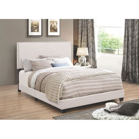 Modern Design Ivory Upholstered Bed With Nailhead Trim Bed Bath