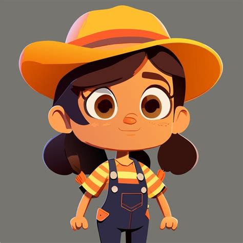 小さな農夫の女の子 ⁇ 子供のカウガールが田舎の服を着て ⁇ 手描きの平らなスタイリッシュな漫画のステッカー プレミアムベクター