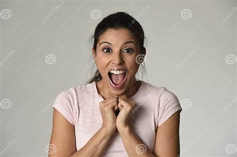 Beautiful Spanish Surprised Woman Amazed In Shock And Surprise Happy