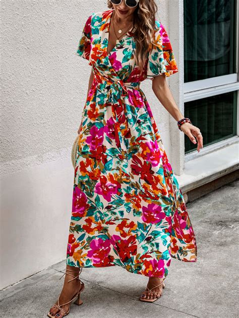 Shein Vcay Floral Print Butterfly Sleeve Split Thigh Belted Dress