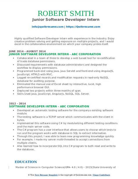 software developer intern resume samples qwikresume