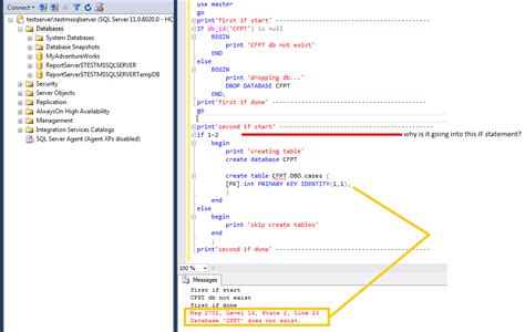 sql server ssms query script won t run if database