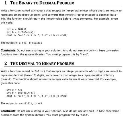 solved 1 the binary to decimal problem write a function