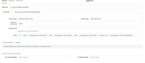 fileupload contents of a json file as a string to firestore queries