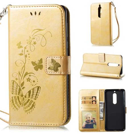 Flip Cover For Nokia 5 N5 Case Gold Stamp Golden Butterfly Pu Leather