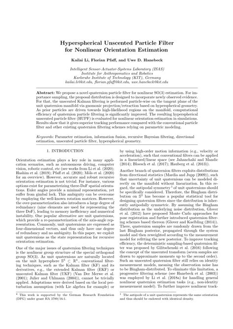 Pdf Hyperspherical Unscented Particle Filter For Nonlinear