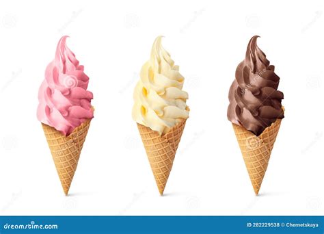Set Of Different Delicious Soft Serve Ice Creams In Crispy Cones On