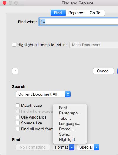 find and replace text or formatting in word for mac word