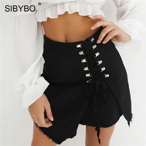 Sibybo Lace Up Open Slit Sexy Skirts Womens High Waist Bandage Mini