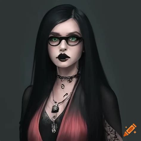 Portrait Of A Pale Goth Girl With Long Red Black Hair And Green Eyes On
