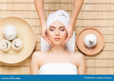 Beautiful Young And Healthy Woman On Bamboo Mat In Spa Salon Ha Stock