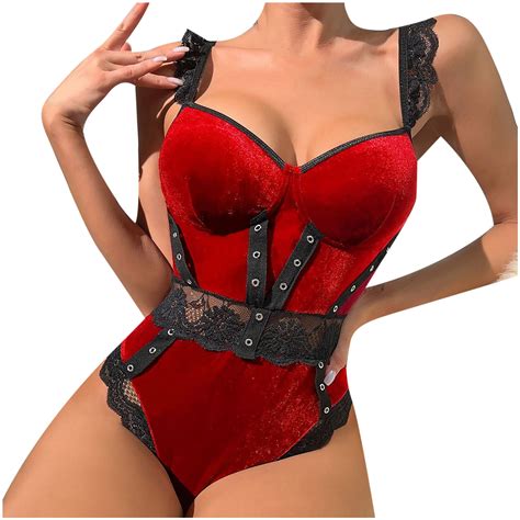 Xflwam Womens Velvet Floral Lace Teddy Lingerie One Piece Bobydoll