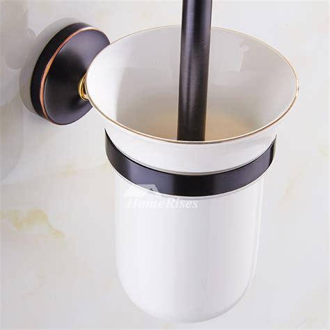 Black Wall Mounted Toilet Brush Holder White Ceramic Cup Brass