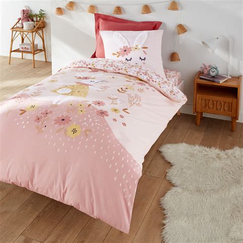 Housse De Couette Coton Biologique Lapin Fleuri Imprimé Rose La
