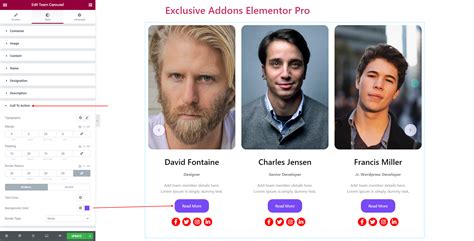 how to configure and style team carousel widget with elementor