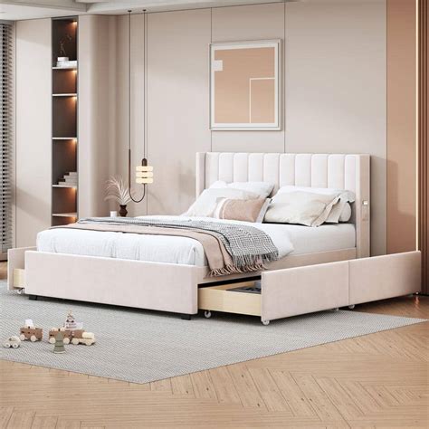 Harper And Bright Designs Beige Wood Frame Queen Size Velvet Upholstered
