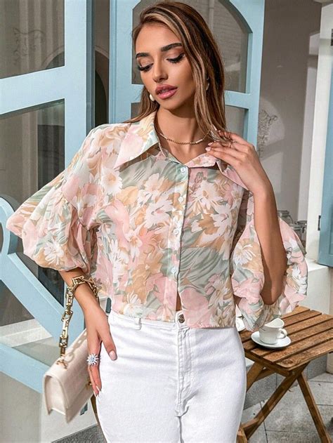 Shein Frenchy Floral Print Lantern Sleeve Button Front Shirt In 2024