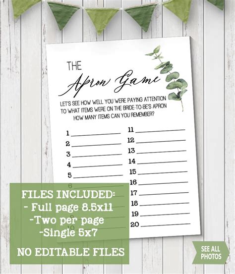 The Apron Game Bridal Shower Memory Guessing Game Eucalyptus Etsy