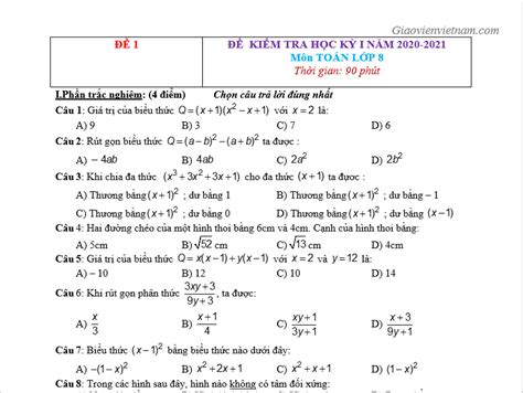Bộ Đề Thi Toán 8 Hk 1 2021 2022 Có đáp án Giáo Viên Việt Nam