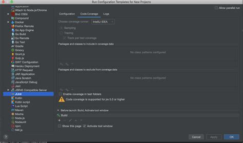 how to default test coverage to tracing when running tests with