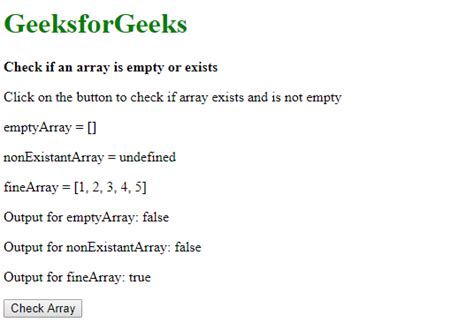 check if an array is empty or not in javascript geeksforgeeks
