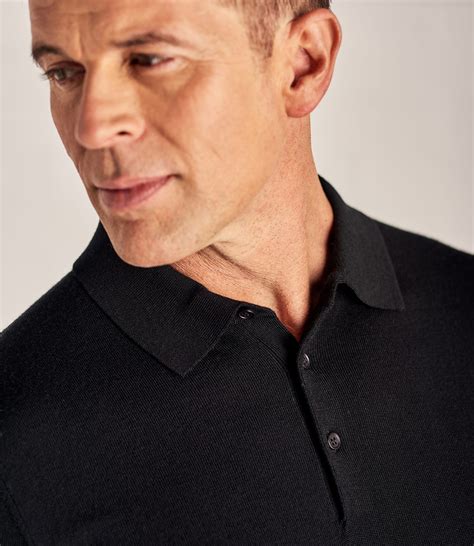 Black Mens Luxurious Merino Long Sleeve Polo Shirt Woolovers Us