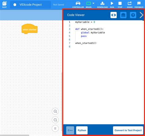 using the code viewer for python in vexcode v5 vex library