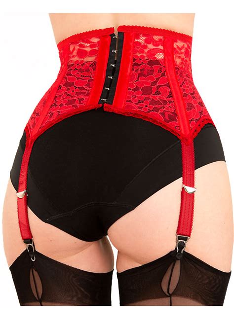 Sassy 6 Strap Red Lace High Waist Cincher Suspender Belt Uk Tights