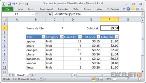 excel formula sum visible rows in a filtered list excel