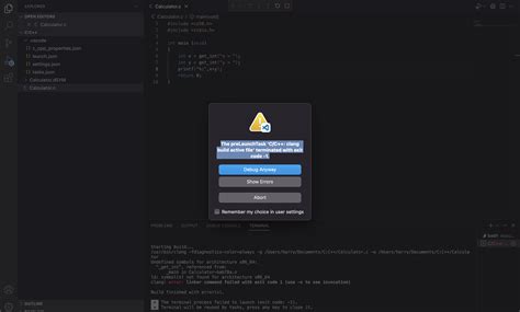 the prelaunchtask c c clang build active file terminated with exit