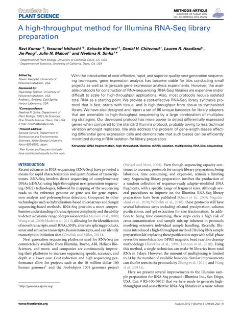 Pdf A High Throughput Method For Illumina Rna Seq Library Preparation