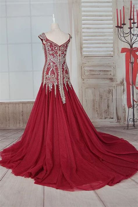 Gorgeous Red Beaded Off Shoulder Ball Gown Long Prom Dresses Evening