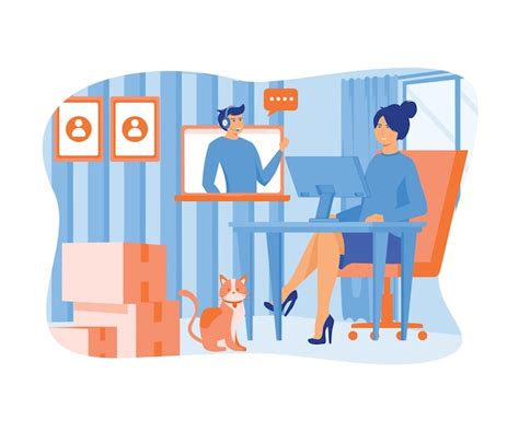 Premium Vector Woman Sitting At Desk In Cozy Room Looking At Computer