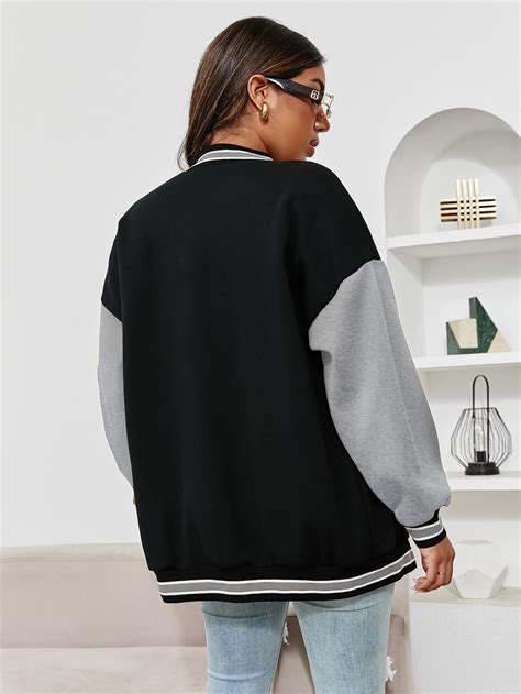 Shein Ezwear Colorblock Letter Patched Drop Shoulder Varsity Jacket
