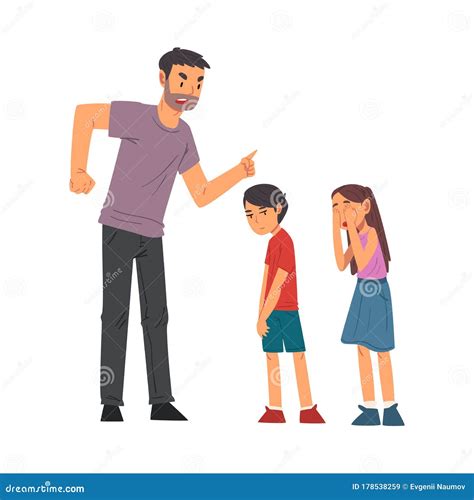 Angry Father Scolding His Naughty Son And Daughter Relationships