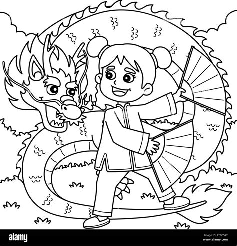 Year Of The Dragon Chinese Girl Coloring Page Stock Vector Image And Art