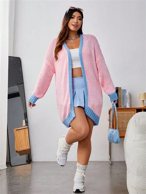 Shein Qutie Plus Contrast Trim Drop Shoulder Open Front Cardigan Shein Uk