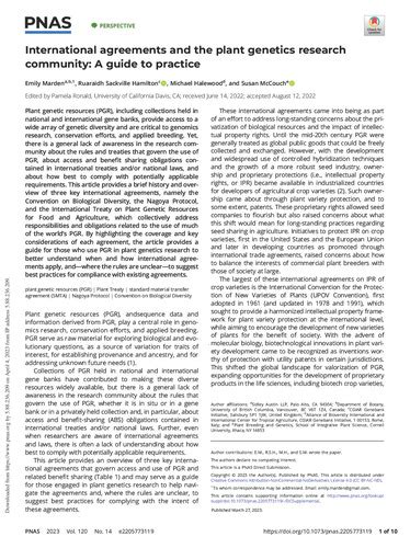 International Agreements And The Plant Genetics Research Community A
