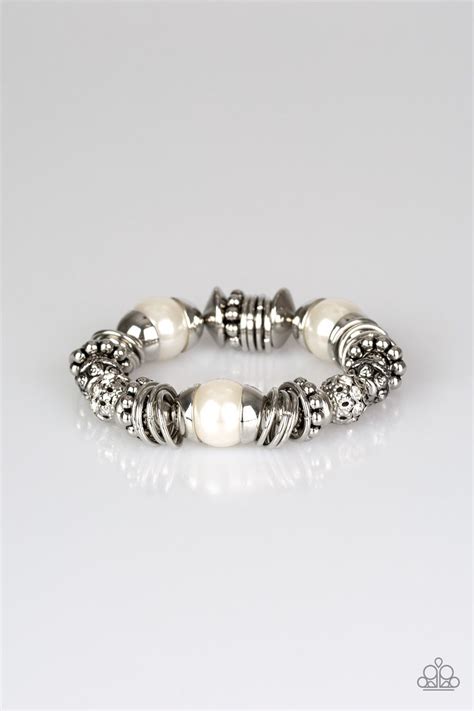 Uptown Tease White Paparazzi Bracelet White Bracelets Silver Bead