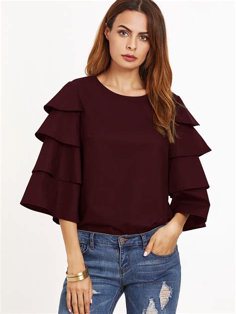 Keyhole Back Tiered Ruffle Sleeve Top Shein Sheinside