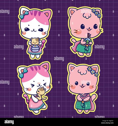 Cute Cartoon Cat Kawaii Vector Set Vector Illustration Stock Vector