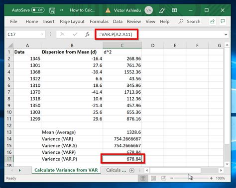 how to calculate variance in excel with var p function