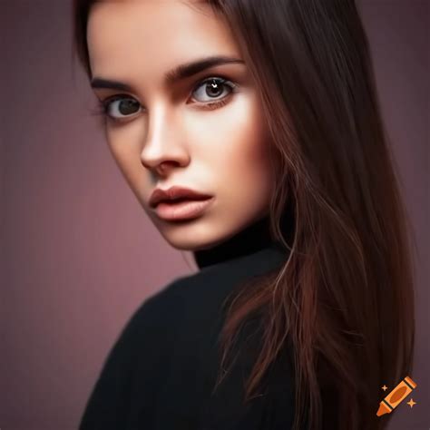 Portrait Of A Beautiful Woman With Dark Brown Hair And Brown Eyes On