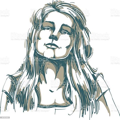 Handdrawn Portrait Of Whiteskin Flirting Woman Face Emotions Stock