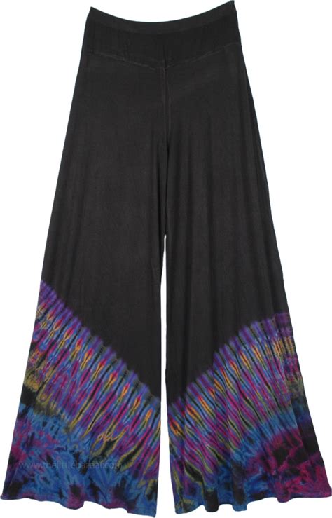 Stretchy Black Palazzo Pants With Navy Blue Tie Dye Black Split