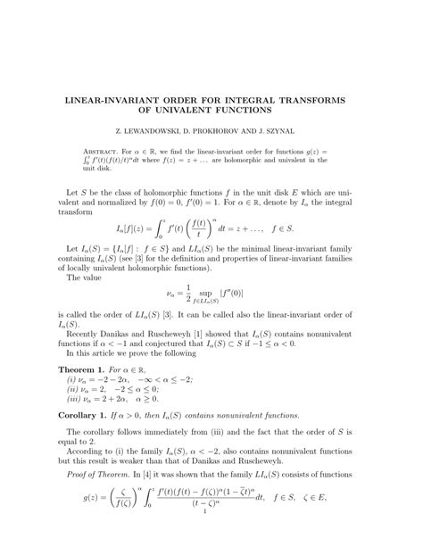 pdf linear invariant order for integral transforms of univalent functions